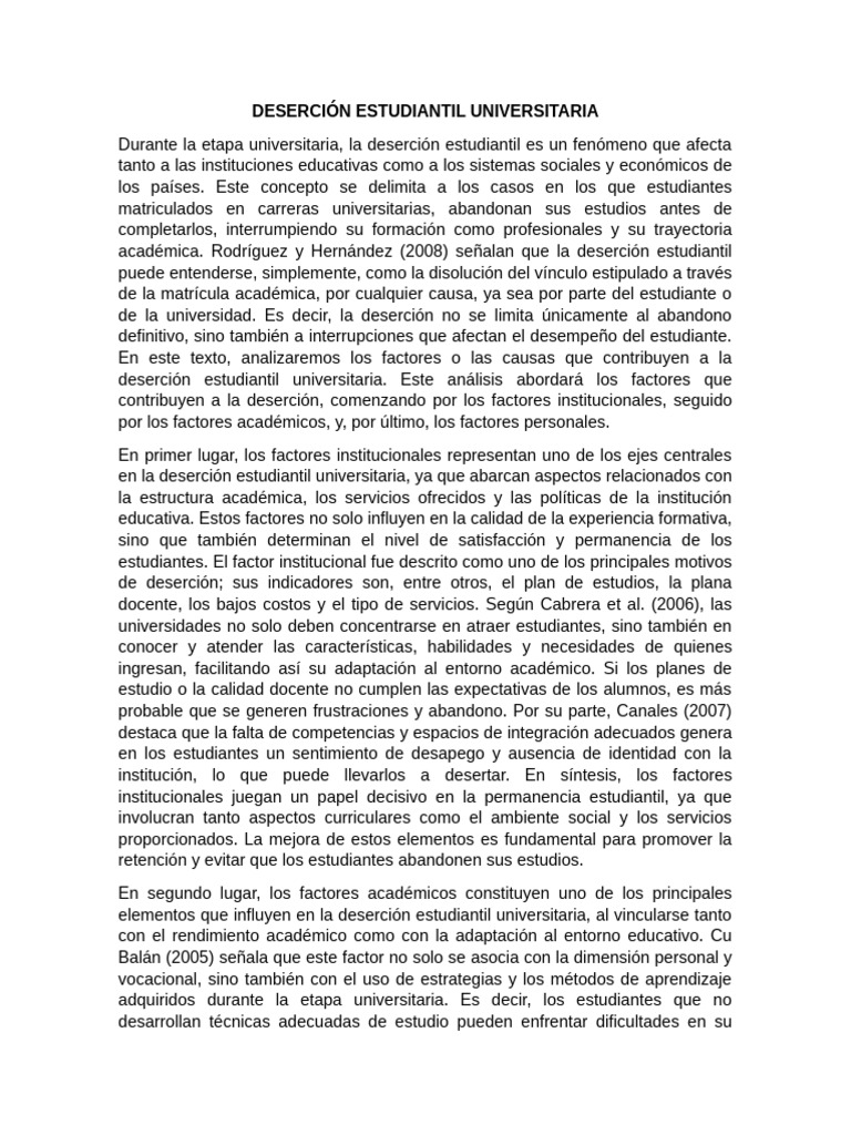 Causas de la deserción estudiantil universitaria | PDF | Plan de ...