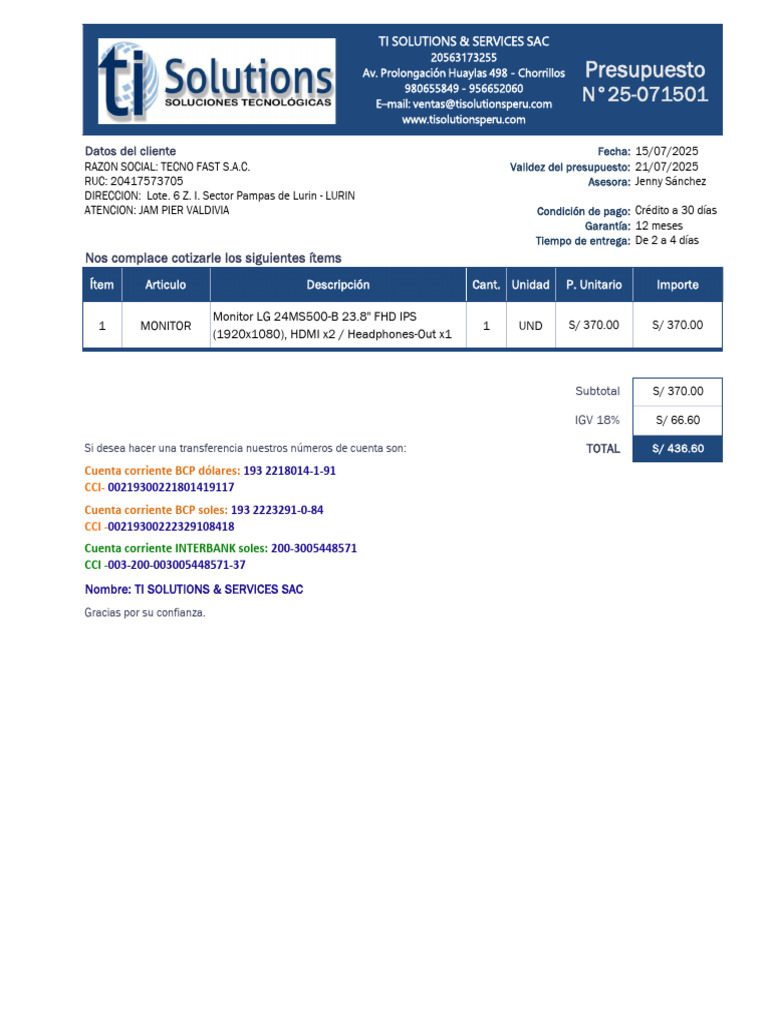 Presupuesto Monitor LG para TI Solutions | PDF
