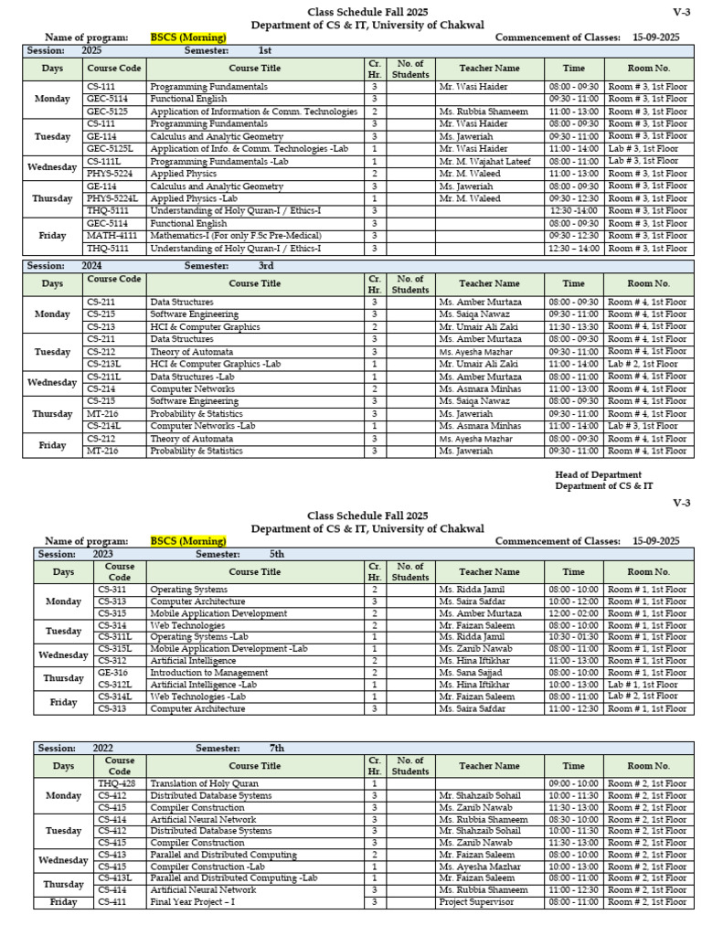 BSCS - Timetable Fall 2025 - V3 | PDF | Computing