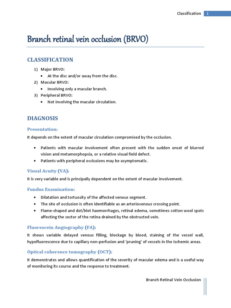 Branch Retinal Vein Occlusion (BRVO) | PDF | Retina | Visual Acuity