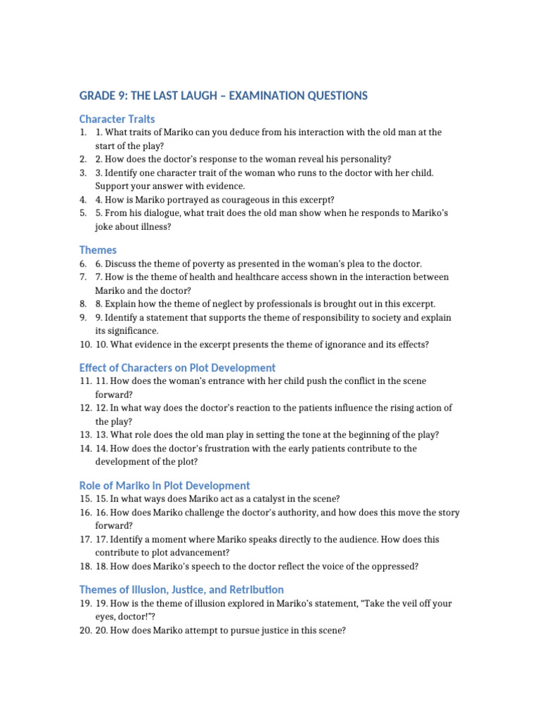 Exam Questions for "The Last Laugh" Grade 9 | PDF