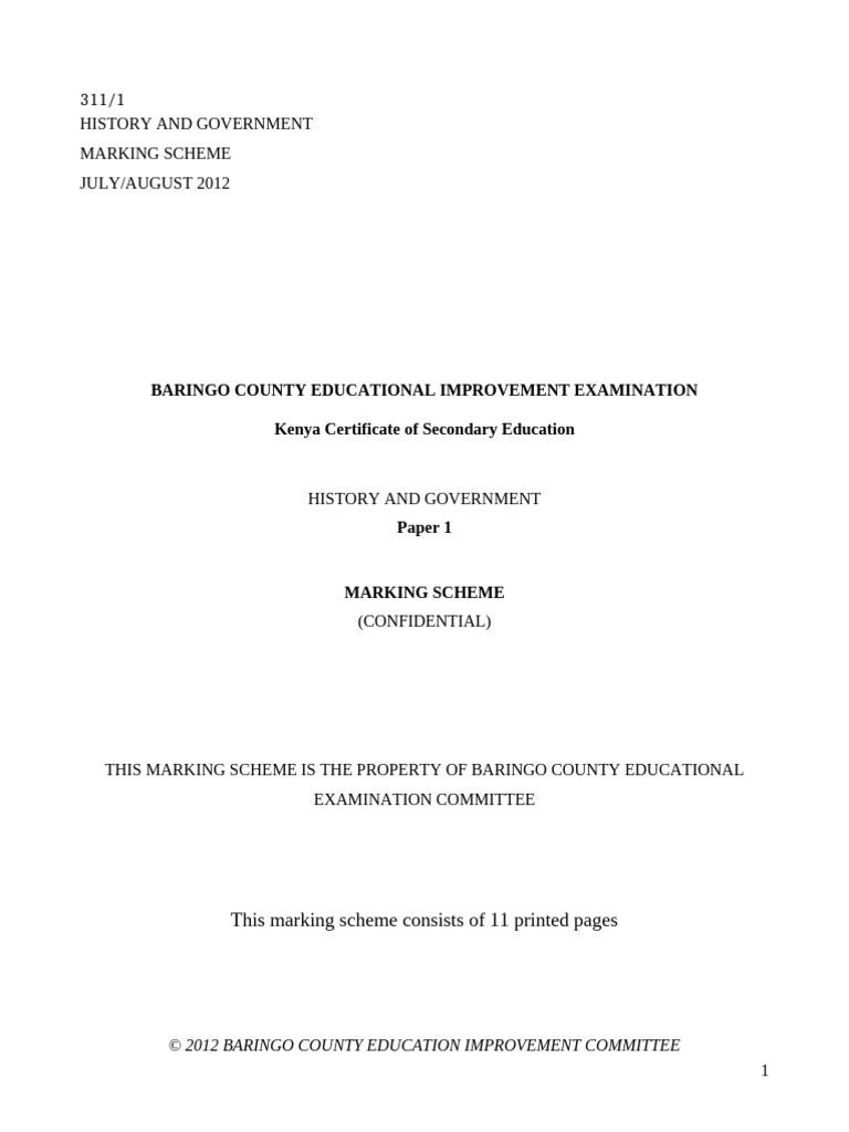Baringo County History Exam Marking Scheme | PDF