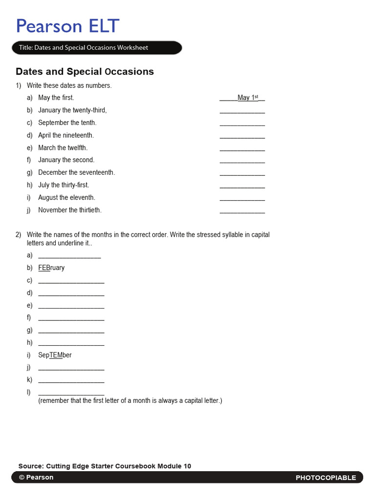 Dates and Occasions Worksheet Guide | PDF