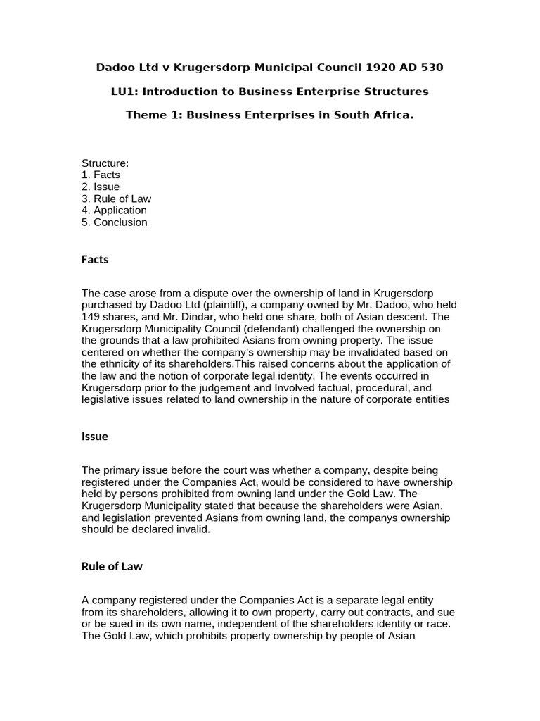 Dadoo Ltd v Krugersdorp Municipality Case | PDF | Companies | Property