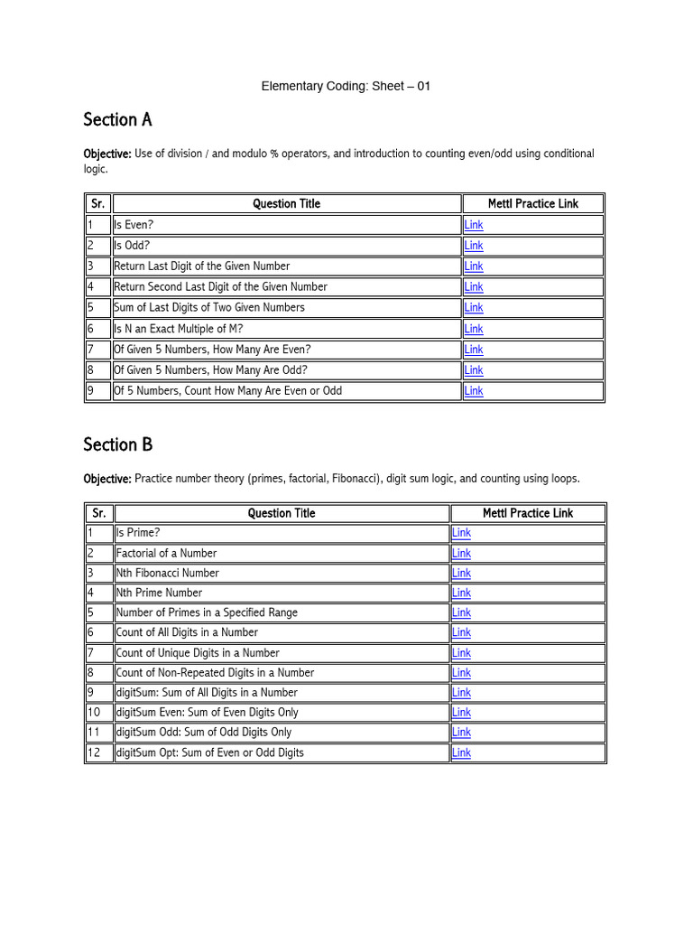 Elementary Coding Days - Sheet - 01 | PDF
