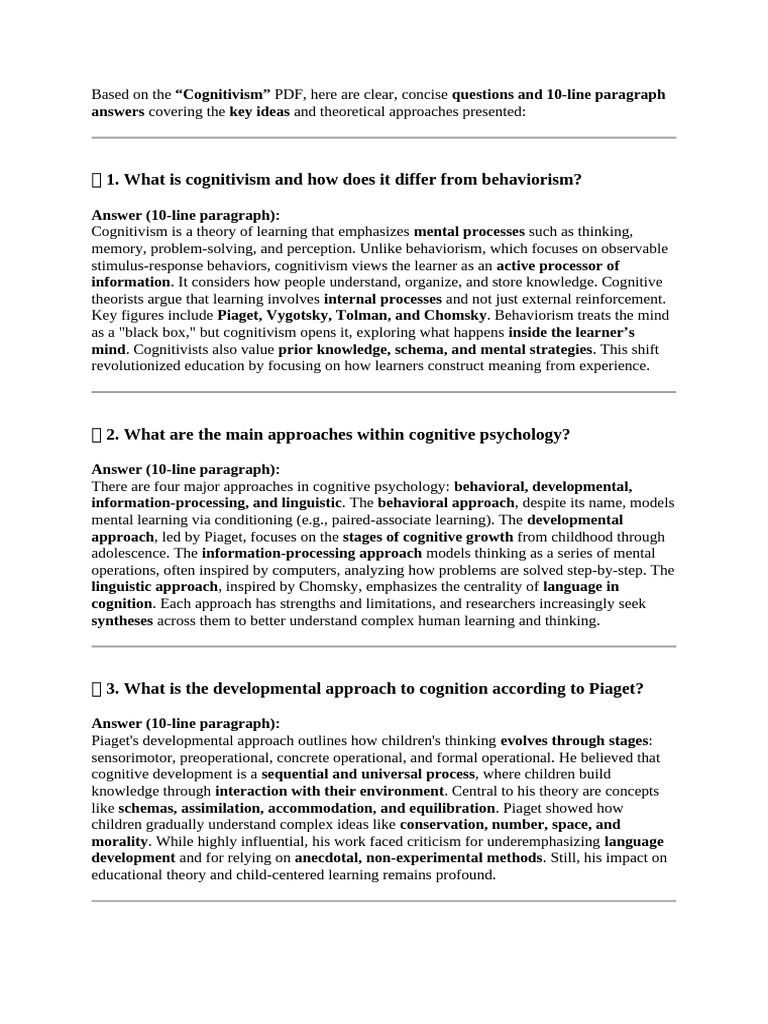 Key Concepts of Cognitivism Explained | PDF | Cognition | Learning