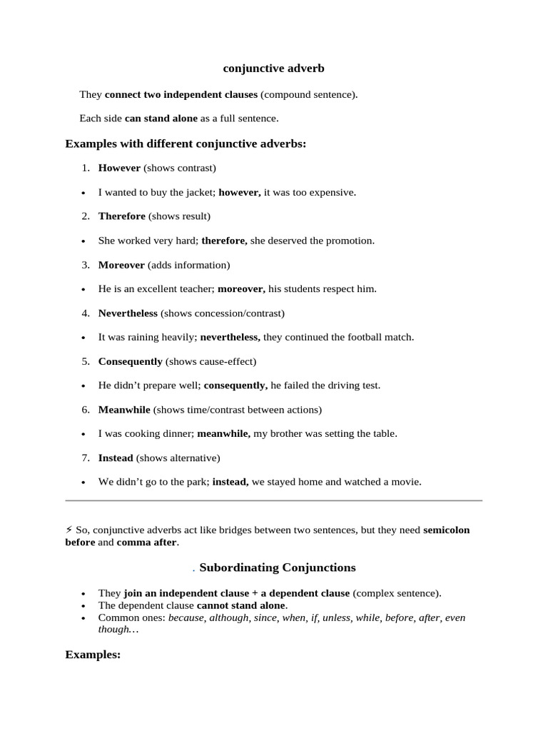 Conjunctive Adverb Subordinating Conjunctions | PDF
