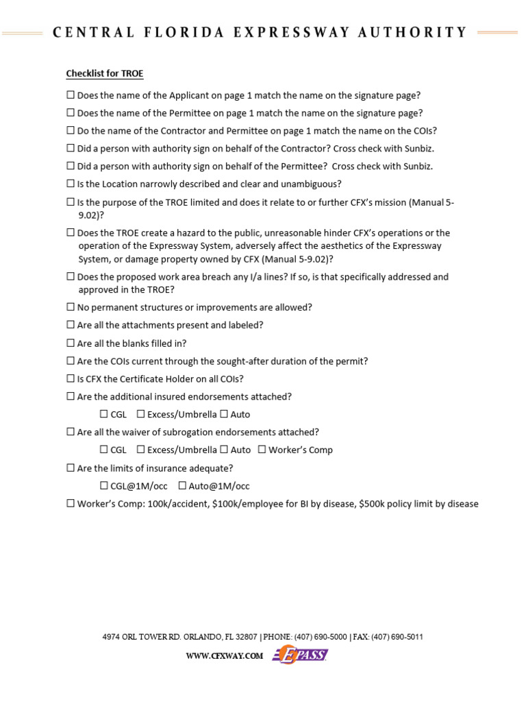 CFX Temporary Right of Entry TROE Permit Checklist | PDF
