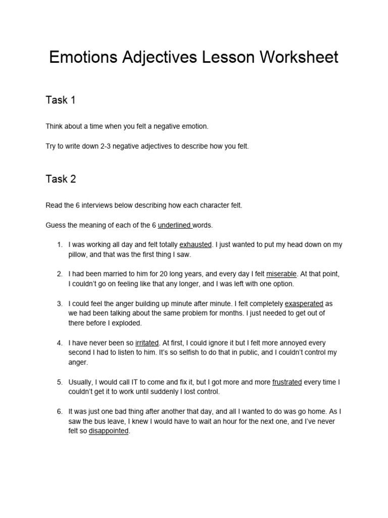 Emotions Adjectives Worksheet Activities | PDF