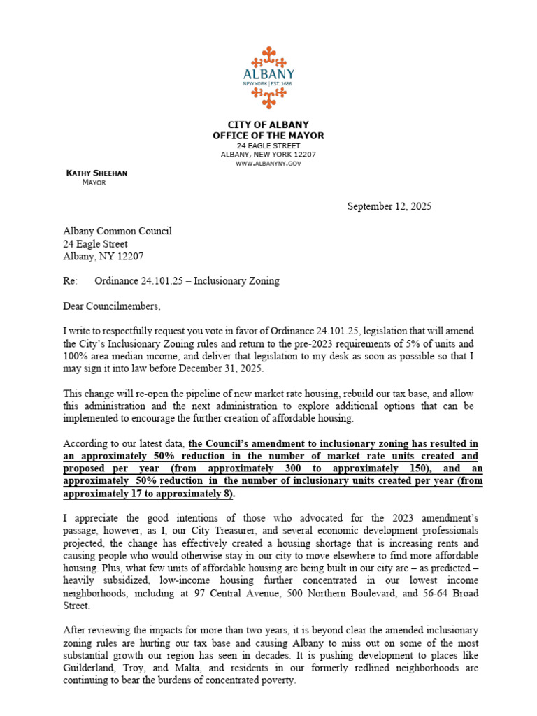 Letter From Mayor Sheehan To Common Council - Inclusionary Zoning ...