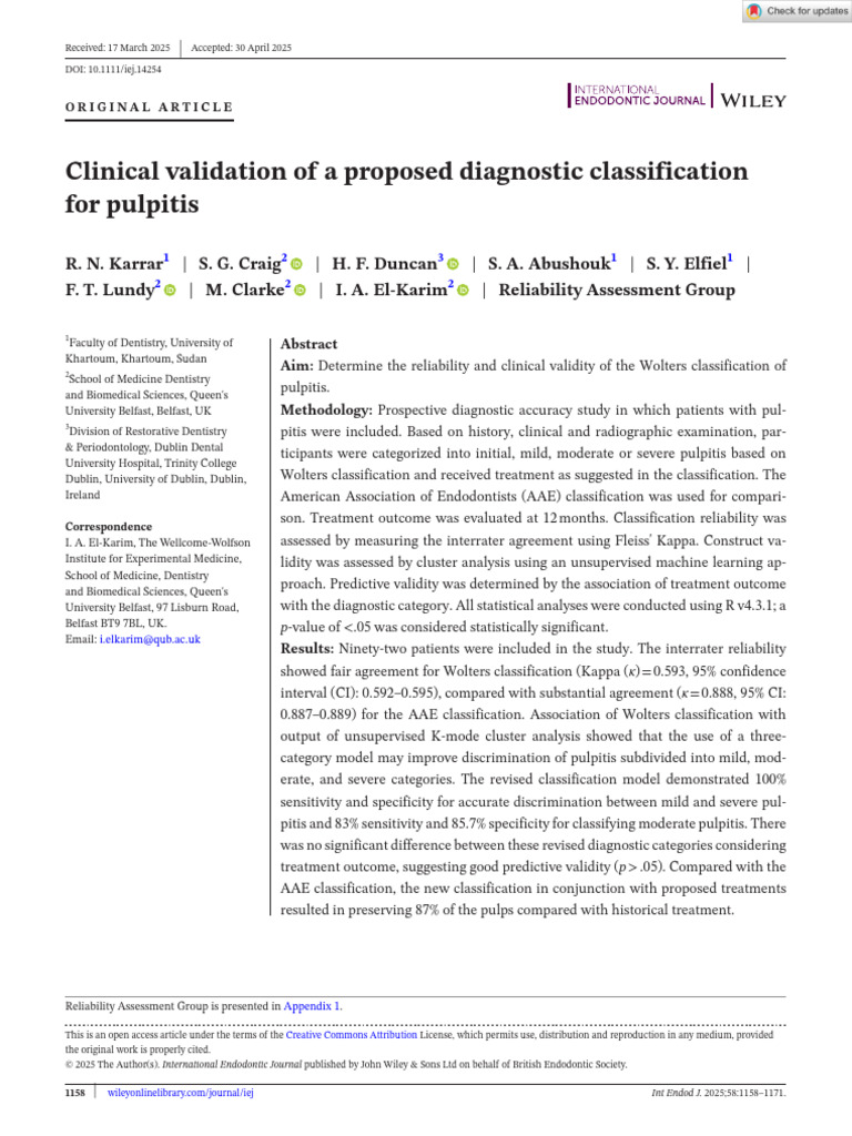 Int Endodontic J - 2025 - Karrar - Clinical Validation of A Proposed Diagnostic Classification ...