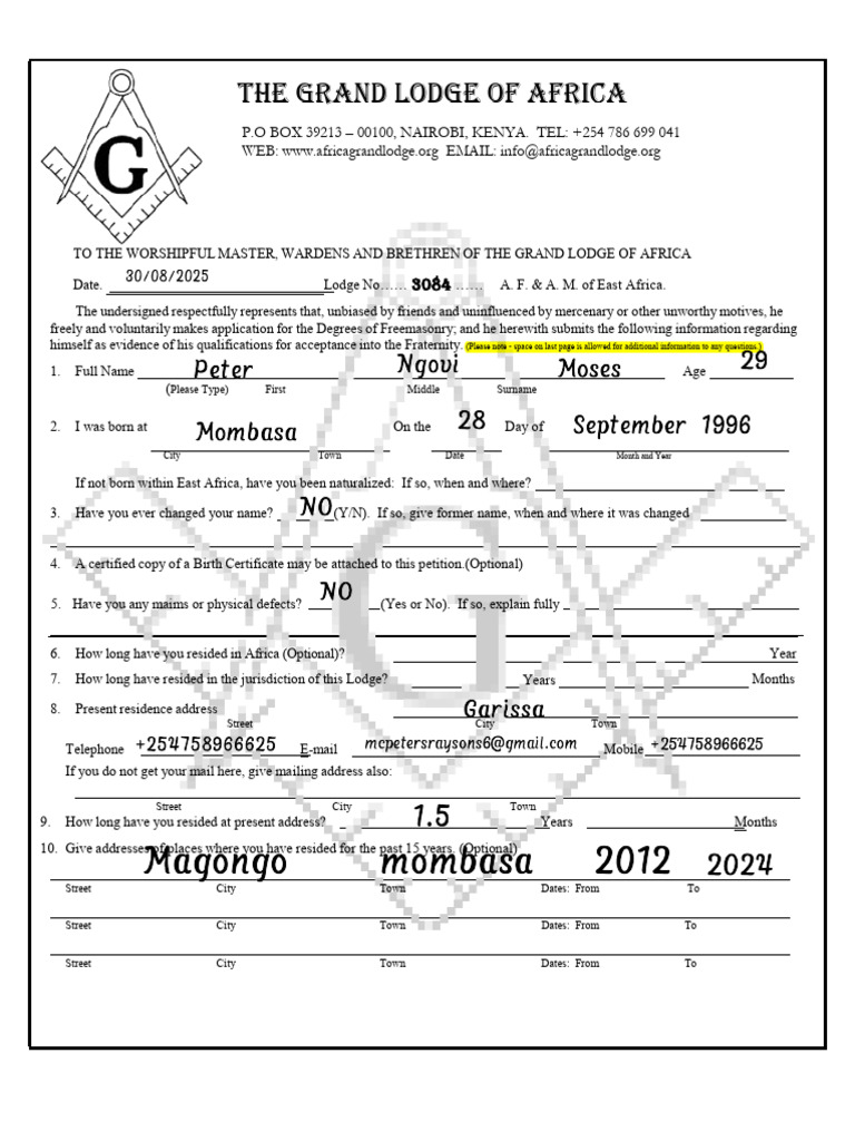 Freemasonry Membership Application Kenya | PDF | Freemasonry