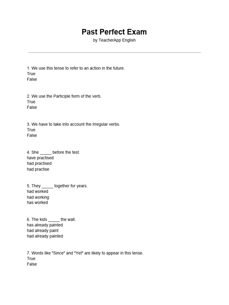 Past Perfect Exam | PDF