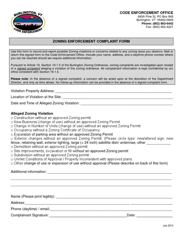 Zoning Complaint Form 2010 | Zoning | License