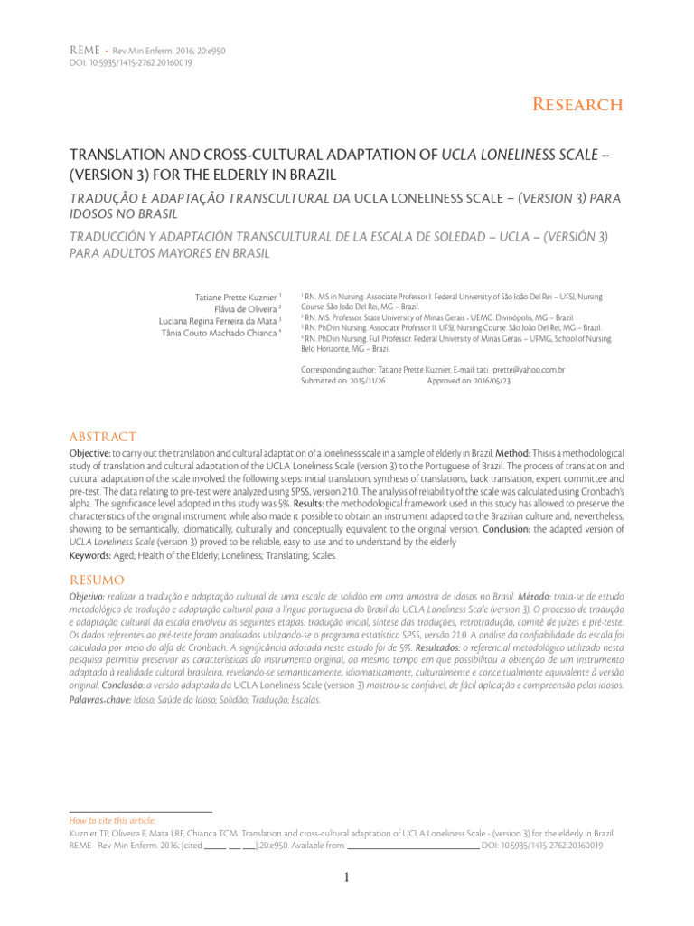 UCLA Loneliness Scale Adaptation for Brazil | PDF | Cronbach's Alpha ...