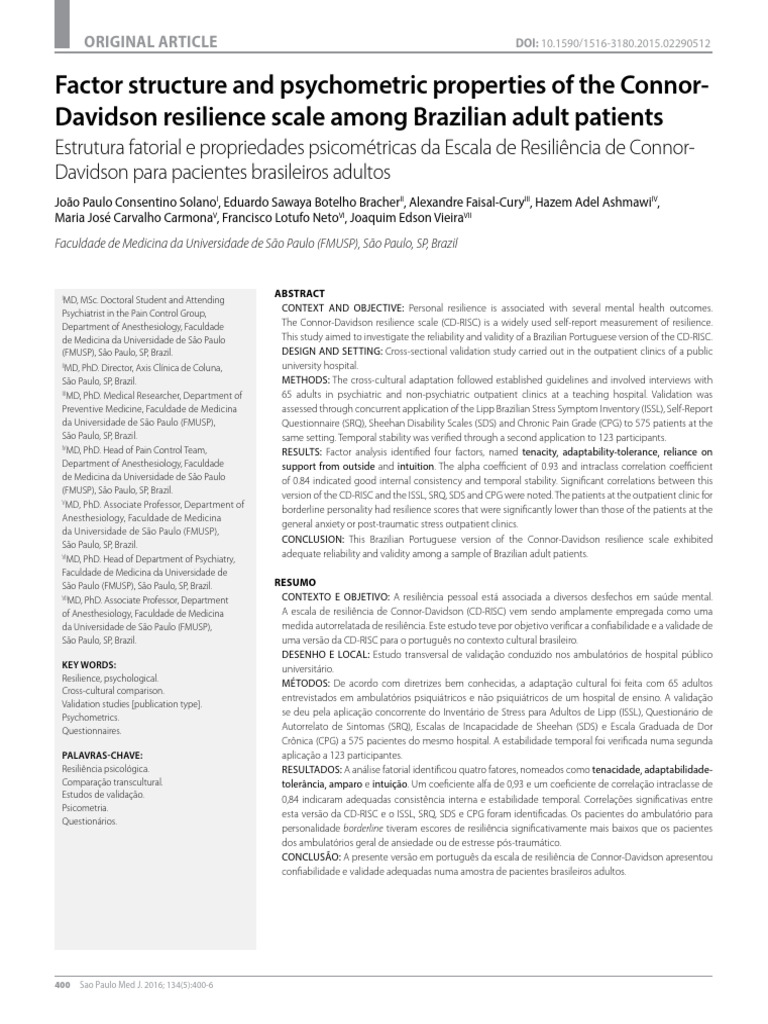 Validating Connor-Davidson Scale in Brazil | PDF | Psychological ...