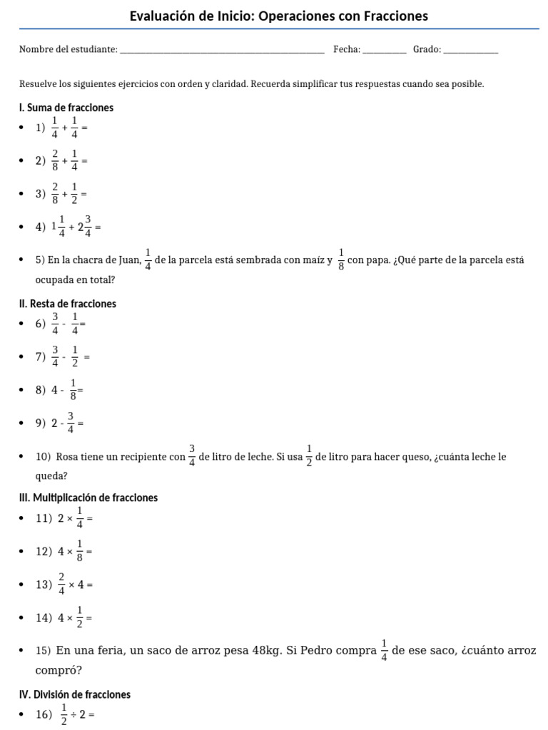 Evaluacion Operaciones Fracciones Completa | PDF