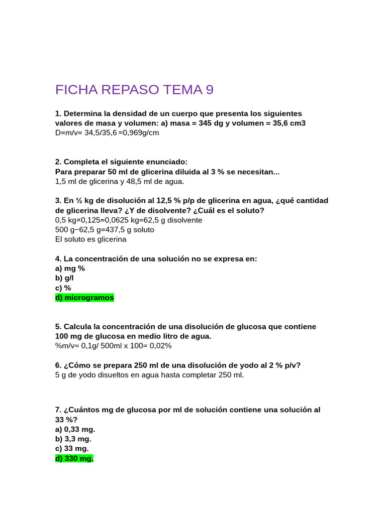 Repaso Tema 9 | PDF | Concentración | Química