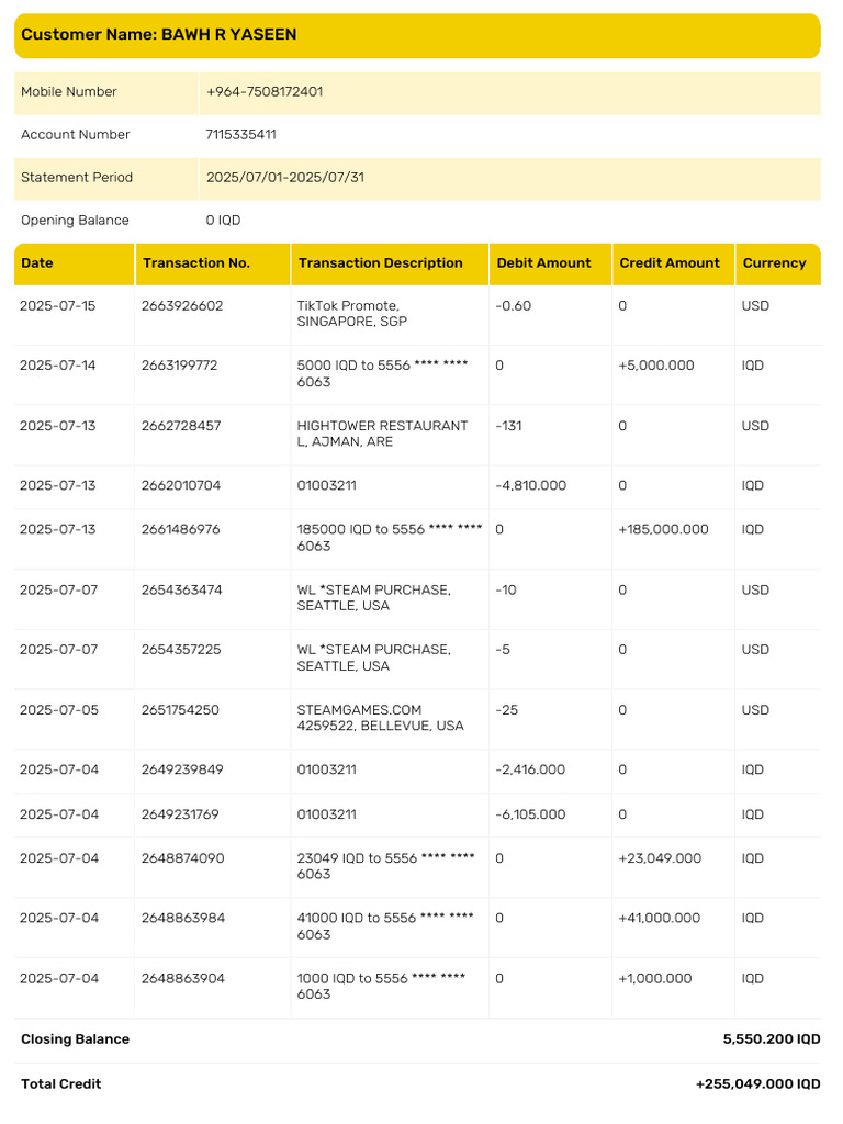 July 2025 Account Statement Summary | PDF | Debit Card | Service Industries