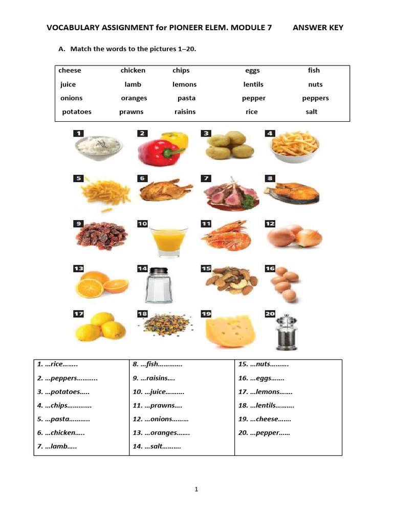 A1-Vocabulary Elementary Module 7 - Answer Key | PDF | Foods | Cuisine
