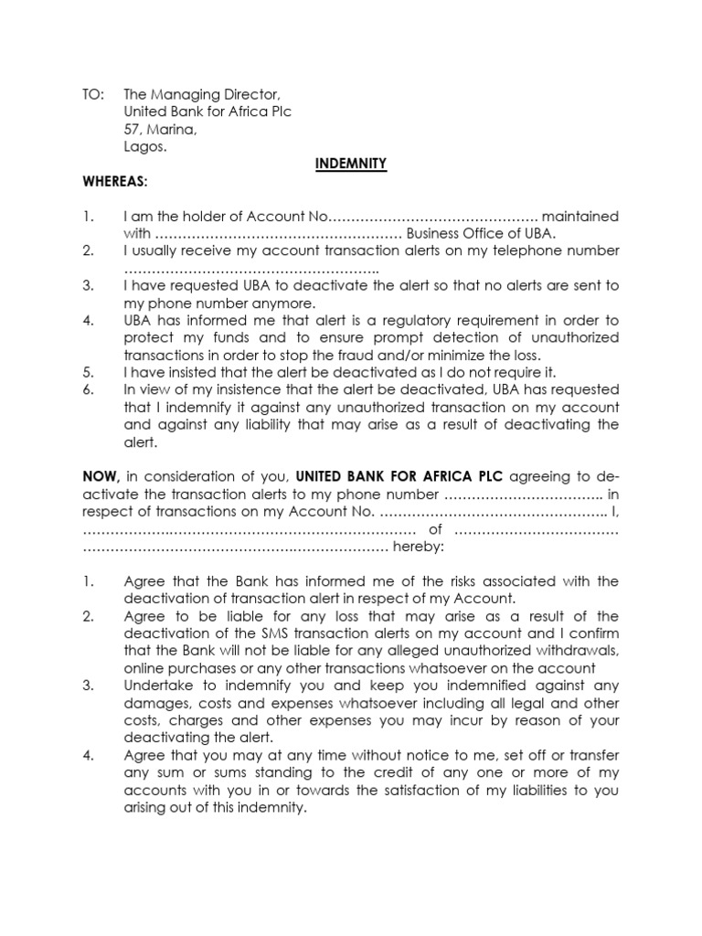 UBA Account Alert Deactivation Indemnity | PDF | Indemnity | Financial ...