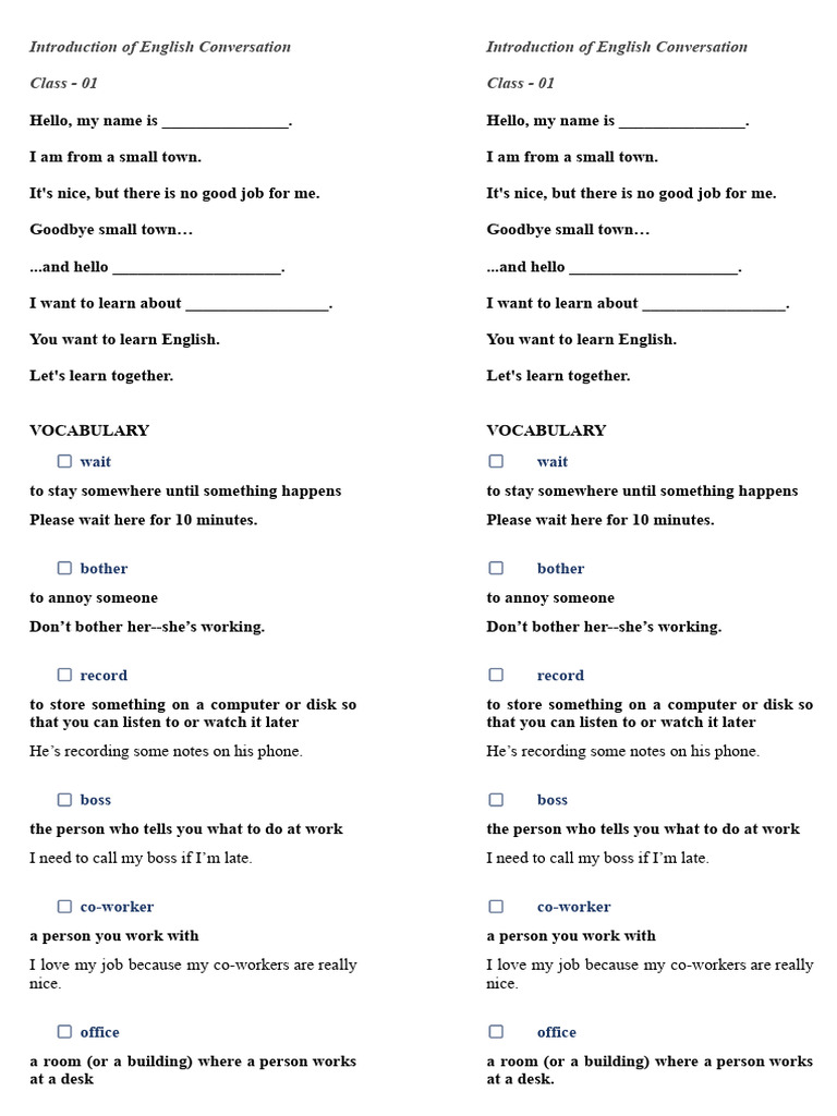 English Conversation Class 01 Guide | PDF