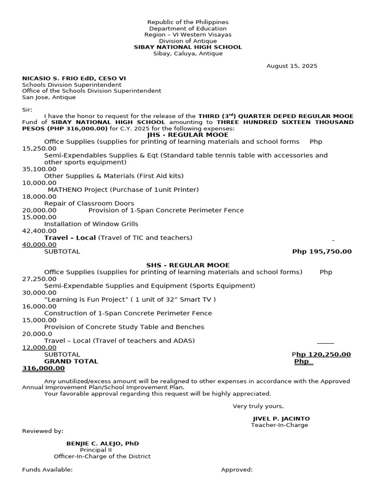 Request for PHP 316,000 MOOE Funds | PDF | Philippines