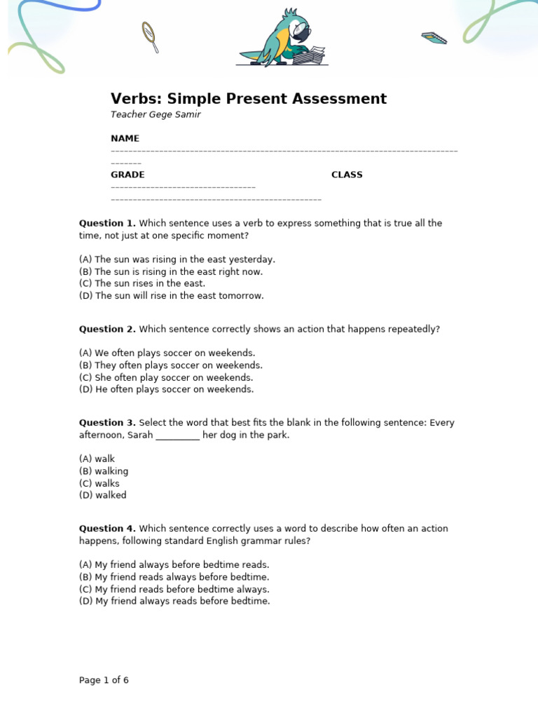 Simple Present Verbs Assessment Guide | PDF | Verb | Grammatical Number