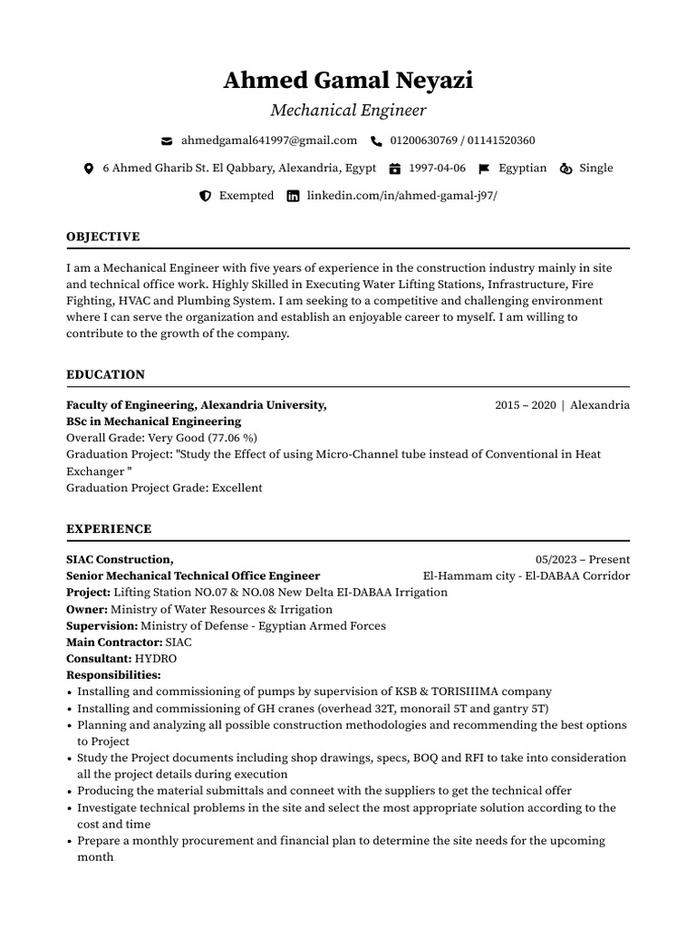 Mechanical Engineer Resume - Ahmed Neyazi | PDF | Pipe (Fluid ...