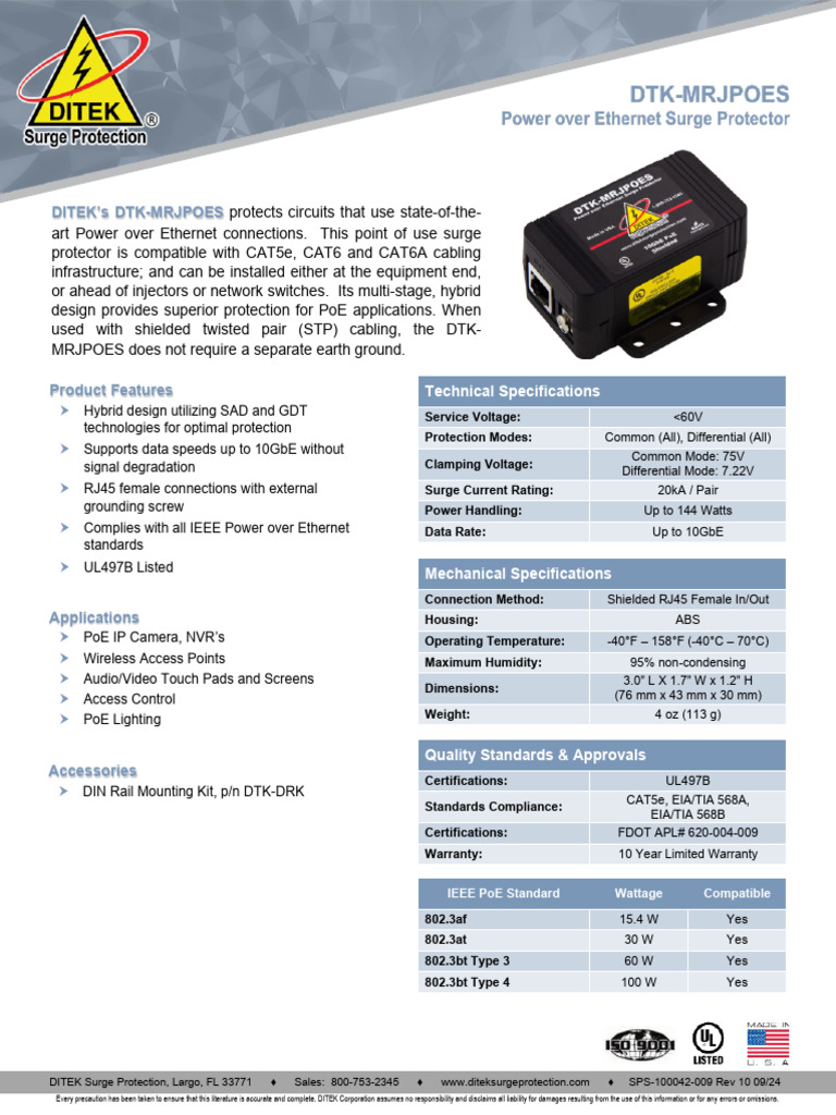 DTK-MRJPOES Surge Protector Data Sheet | PDF | Electricity ...