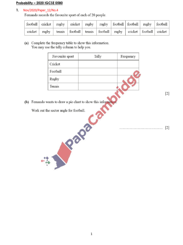 2020 Probability IGCSE 0580 | PDF