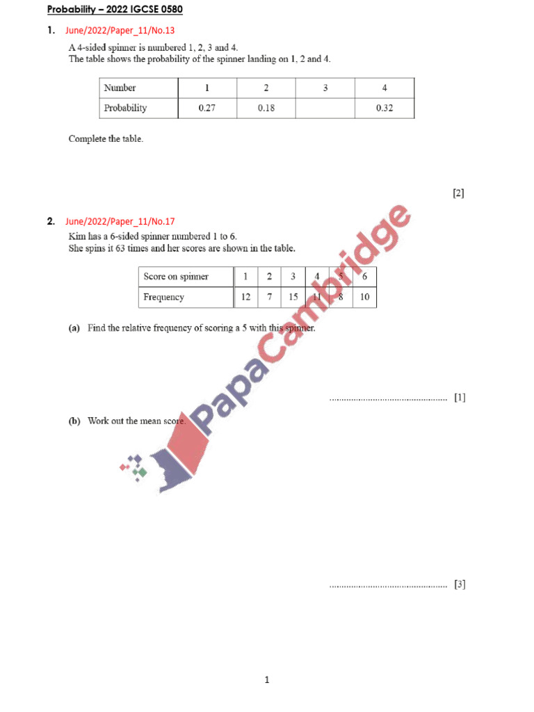 IGCSE 0580 Probability Questions | PDF