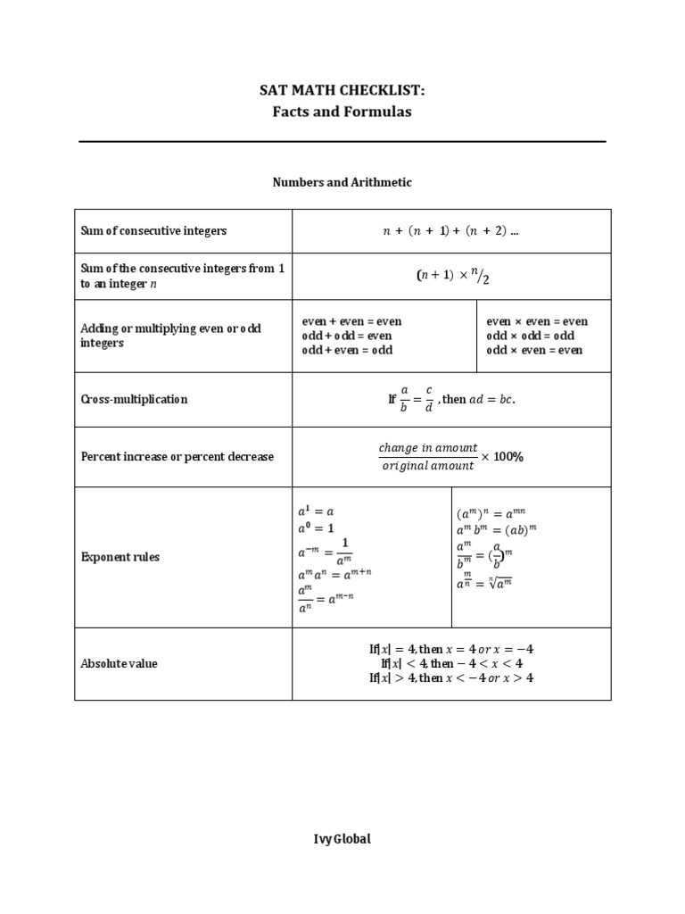SAT Math Checklist | Download Free PDF | Rectangle | Area