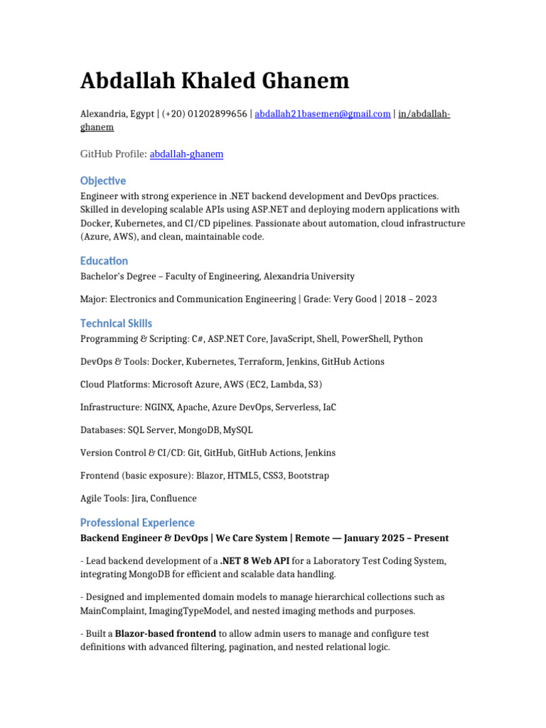 Abdallah Khaled Ghanem DotNet DevOps CV | PDF | Cloud Computing ...