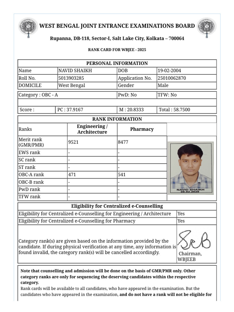 WBJEE 2025 Rank Card for Navid Shaikh | PDF | Higher Education ...