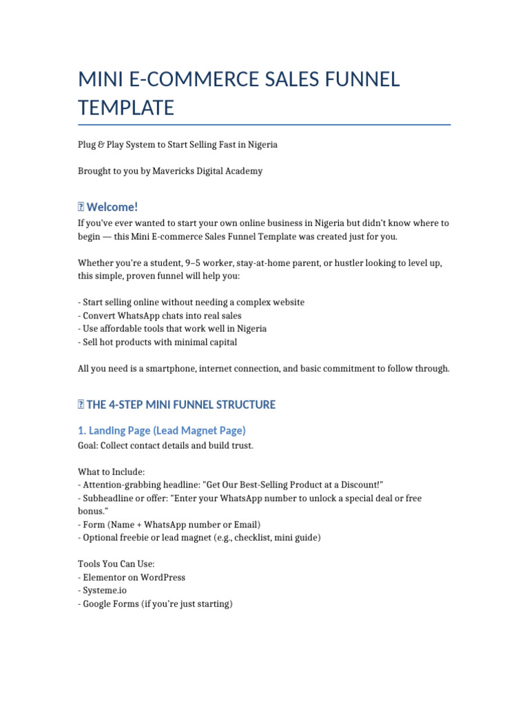 Mini Ecommerce Sales Funnel Template Mavericks Digital Academy | PDF