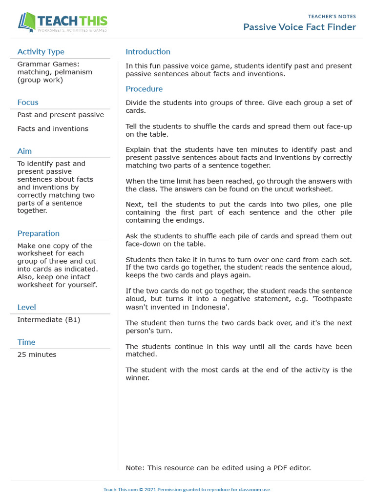 Passive Voice Game for Facts & Inventions | PDF | Linguistics