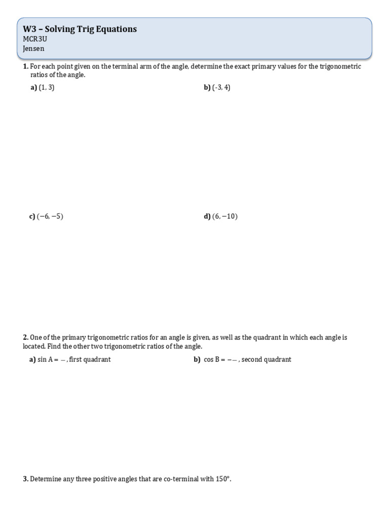 W3s+ +Solving+Trig+Equations | PDF | Trigonometry | Elementary Geometry