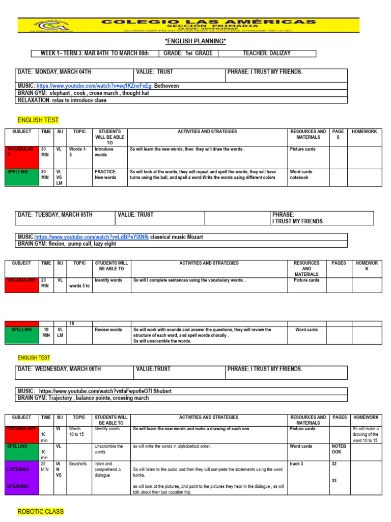 Planning 1st Grade Week 1 Term 3 | PDF | Homework | Learning