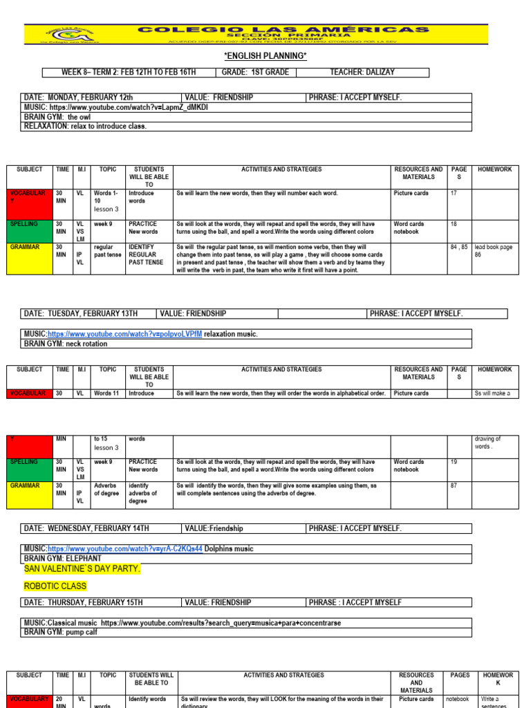 Planning 1st Week 9 Term 2 | PDF | Grammatical Tense | Verb