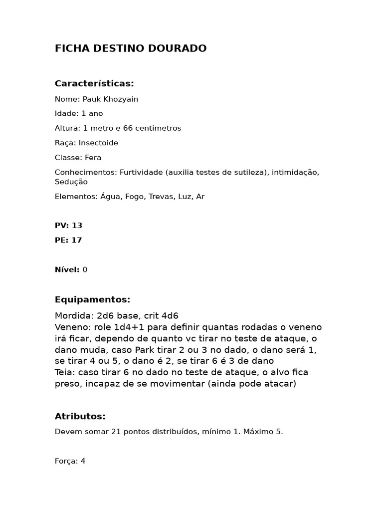 Ficha de Personagem: Pauk Khozyain | PDF