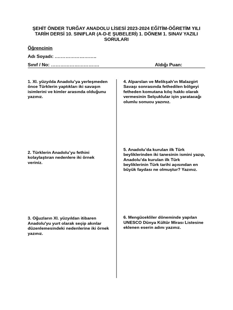 Sinif Sinav Sorulari Ve Cevaplari | PDF