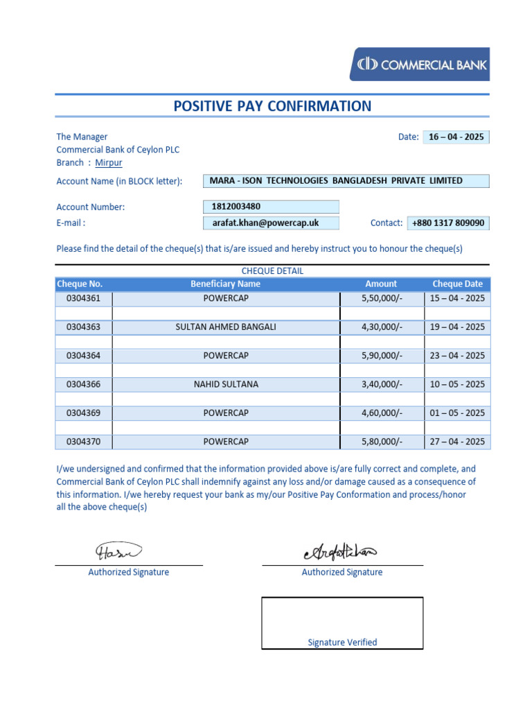 Positive Pay Confirmation Document | PDF