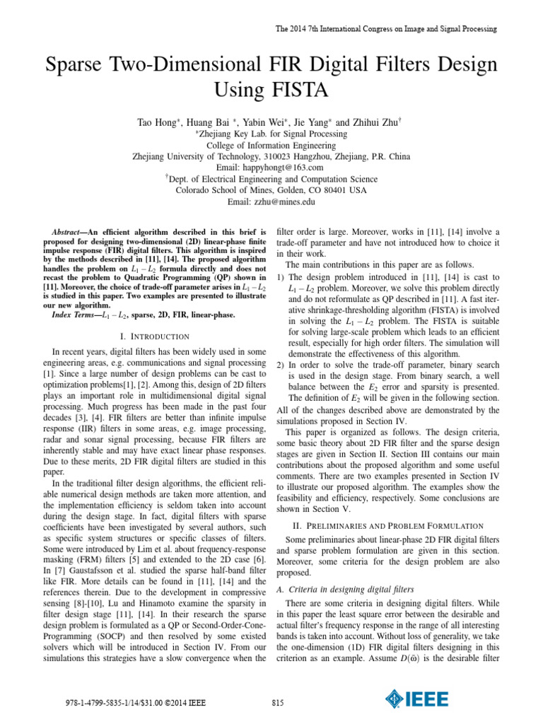 Sparse Two-Dimensional FIR Digital Filters Design Using FISTA | PDF ...
