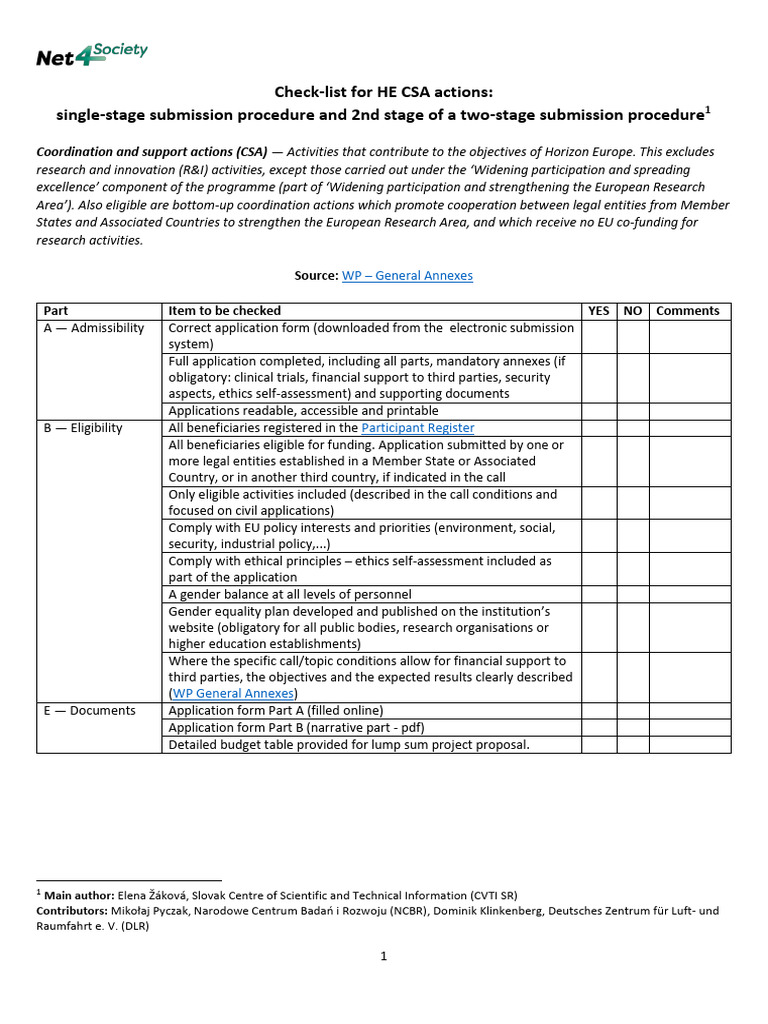 Horizon Europe CSA Application Checklist | PDF | Science | Communication