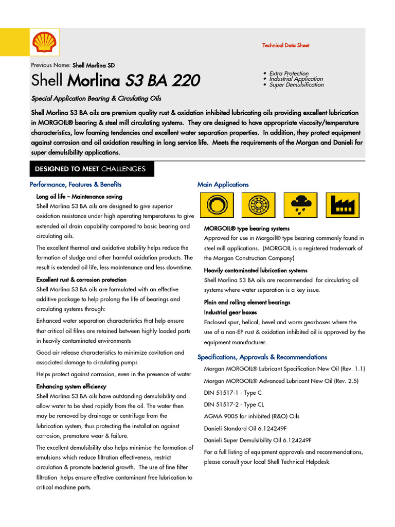 Shell Morlina S3 BA 220 Technical Data | PDF | Bearing (Mechanical ...