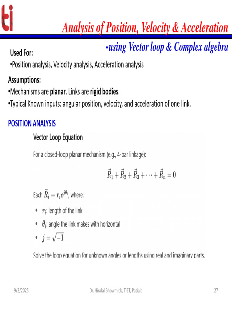 Analytical Method of Velocity and Acceleration Analysis - (Vector Loop ...