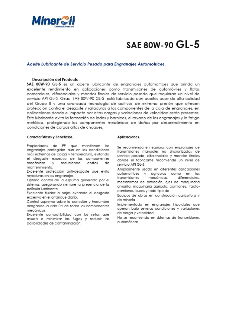 FICHA DE SEGURIDAD ACEITE MOTOR 80W-90 | PDF | Lubricante | Transmisión ...
