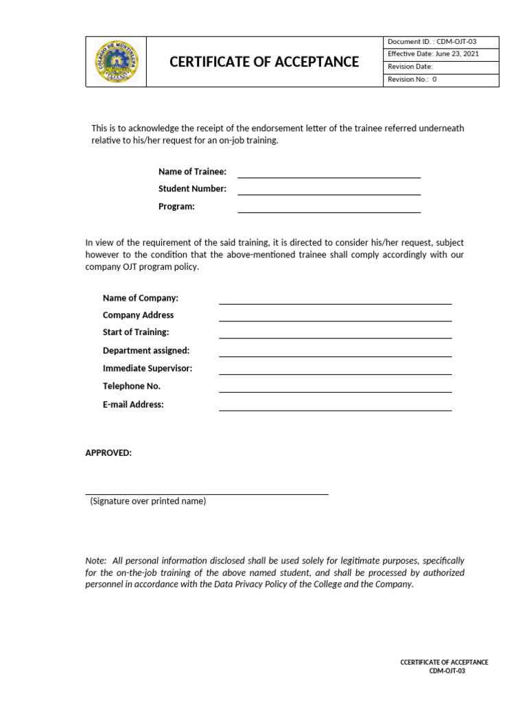 CDM OJT 03 (Acceptance Certificate) | PDF