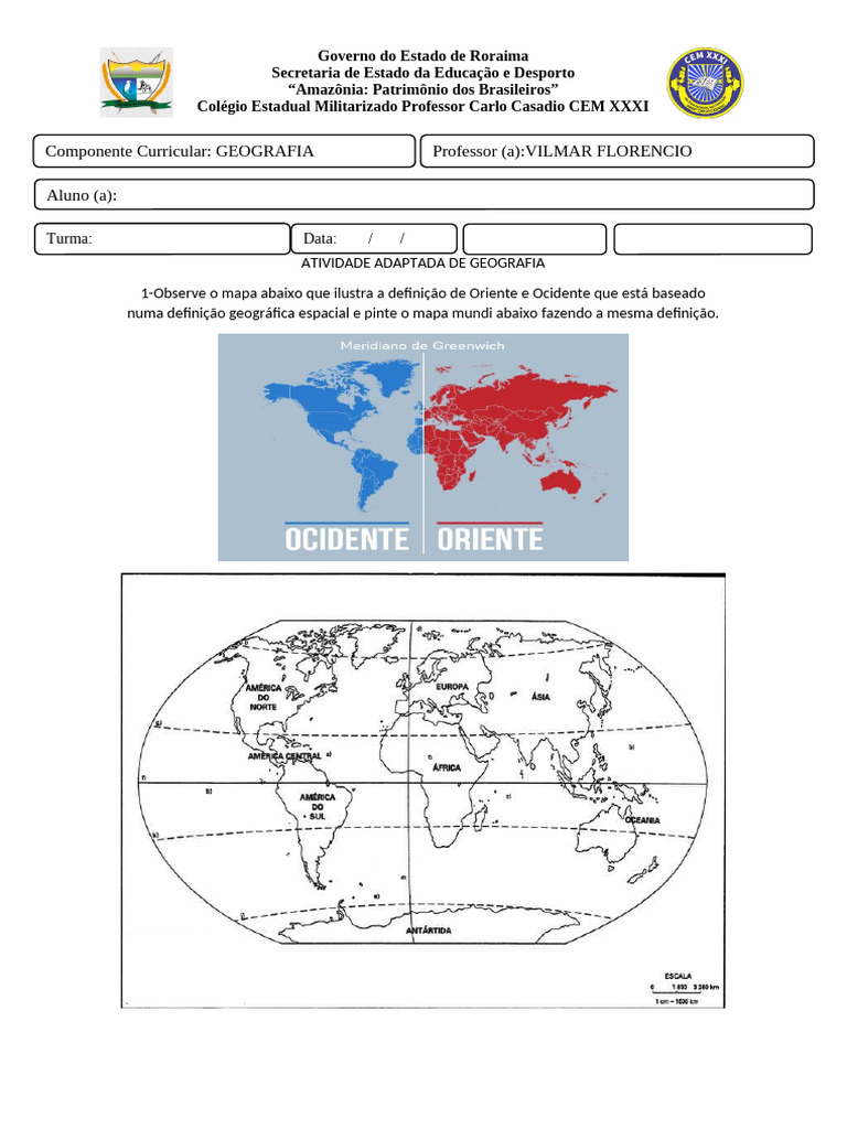Atividade de Geografia: Oriente e Ocidente | PDF